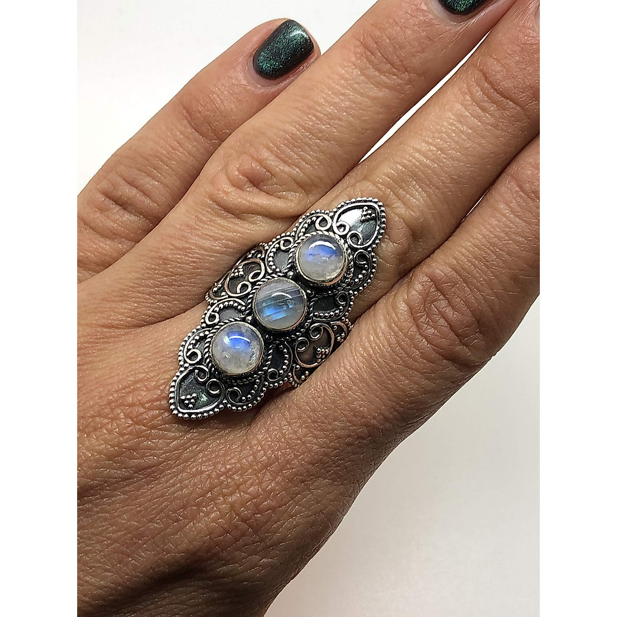 Koral Jewelry Moonstone 3 Stones Ethnic Vintge Gipsy Multi Stone Ring 925 Sterling Silver Vintage Tribal Gipsy Boho Chic (7)