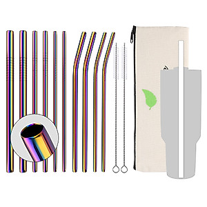 Vzaahu 12-Pack Reusable Stainless Steel Rainbow Metal Straws with Case and Brush - Eco Friendly Long Drinking Straws for 20 24 30oz Yeti Tumblers Mason Jar Dishwasher Safe