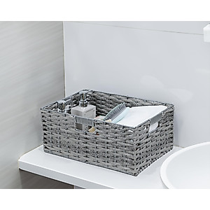 Large Storage Basket, Rectangular Wicker Basket for Organizing, Waterproof Plastic Woven Basket for Storage, Shelf Basket with Built-in Handles, Pantry Baskets-1 Pack