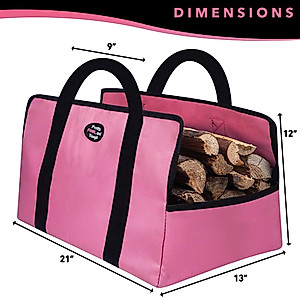 Firewood Tote Bag - Oxford Fabric Log Carrier with Handles & Heavy Duty Straps - Large Durable Wood Holder with Wide Opening - Wood Stove & Fireplace Accessories - 21 x 13 x 12 Inch, Pink