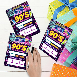 YUEXLL 90's Birthday Party Invitations Cards with Envelopes, Back to the 90's Party Invitations, Neon Birthday Celebration Supplies, Double-sided Fill-in bday Invites for Boys Girls- A18