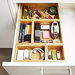 Thomas Grace Homewares 5-Piece Bamboo Storage Box & Organizer Set Multi-sized Set of 5 Drawer Dividers Organizer Boxes for kitchen, office, jewellery, junk, cosmetic, bath, bedroom or Gift.