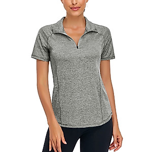 LURANEE Activewear for Women, Ladies Short Sleeve Dry Fit Athletic Tops Relaxed 1/4 Zip Pilates Running Cycling Jogging Pullover Gym Hiking Jacket Stretchy Zipper Polo Shirts for Leggings Grey Large