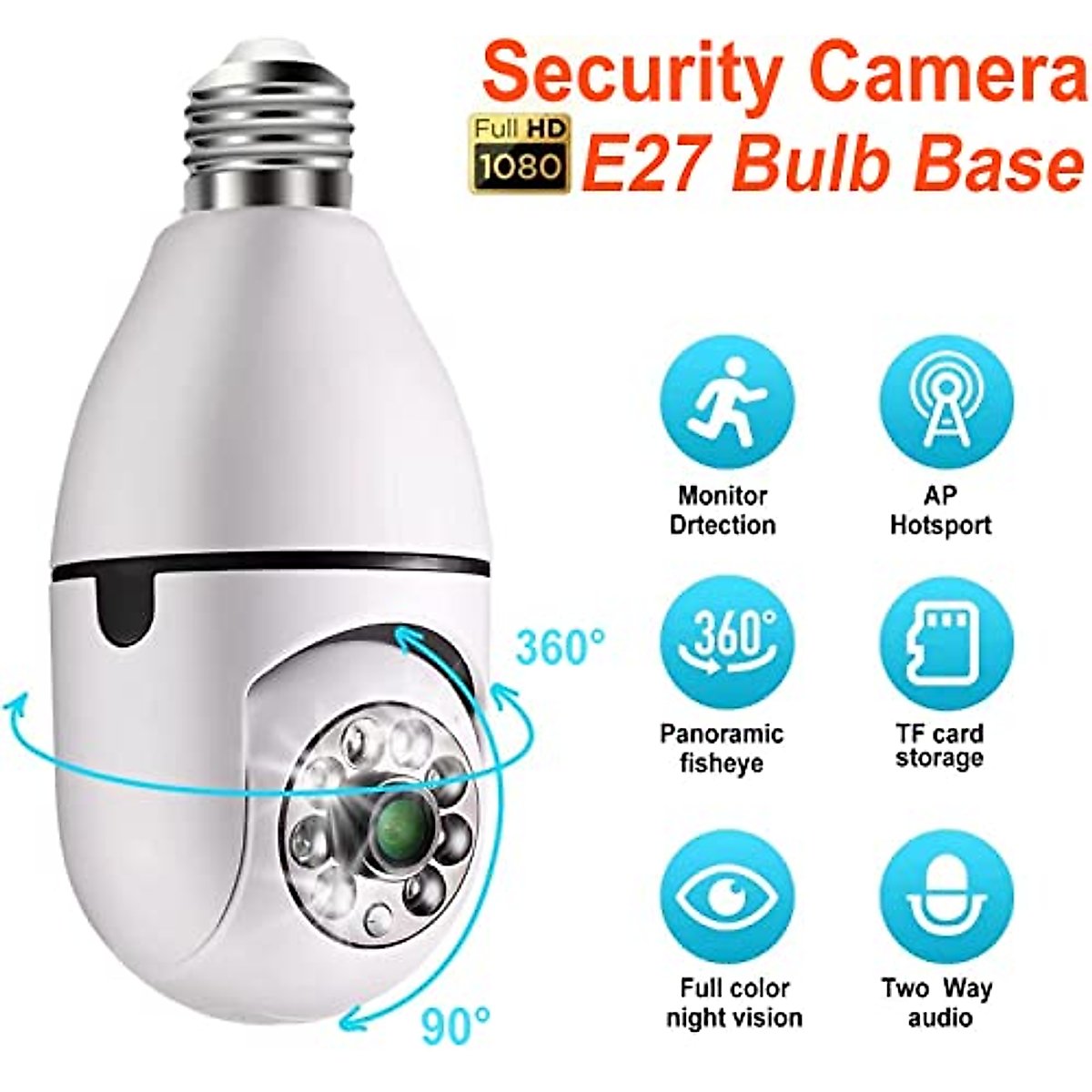 Light Bulb Security Camera, 1080P 2.4GHz WiFi Home Security Camera, 360° Surveillance Cam with Motion Detection Alarm Night Vision Light Socket Security Camera