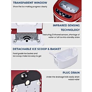 SIMOE Electric Ice Maker Machine for Countertop, 26-1/2 LBS/24 H Ice Making Machine with 9 Ice Cubes Ready in 6 Min, Portable Ice Cube Machine with Scope & Basket (Red)