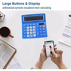 Office Desk Calculator 12 Digits with Solar Power and Easy to Read HD LCD Display, Big Buttons, for Financial Affairs,Home, Office, School, Class and Business,with Battery,Blue