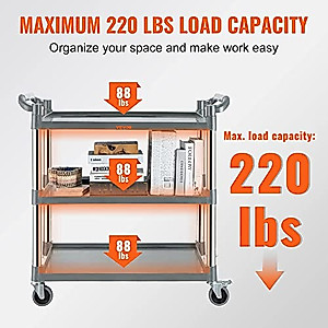 VEVOR Utility Service Cart, 3 Shelf Heavy Duty 220LBS Food Service Cart, Rolling Utility Cart with Lockable Wheels, 40" x 19.3" x 38.6" Plastic Utility Cart for Kitchen Office Restaurant Home, Grey