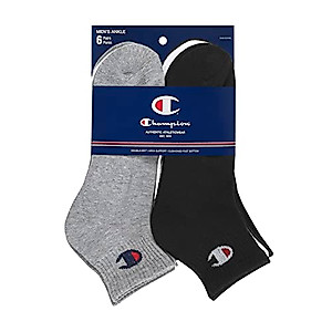 Champion Men's Double Dry Moisture Wicking Ankle Socks 6, 8, 12 Packs Availabe, White/Grey/Black-6 Pack, 6-12