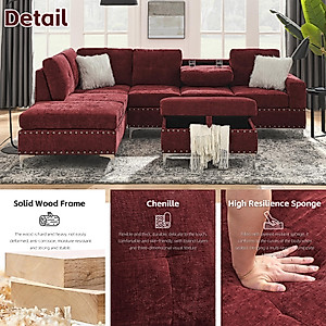 Yoglad Living Room Furniture Set, Sectional 5-Seater Sofa with Reversible Chaise, Corner Sofa Set with Ottoman, L Shaped Couch for Apartment, Living Room (107.5 Inch Chenille, Red)