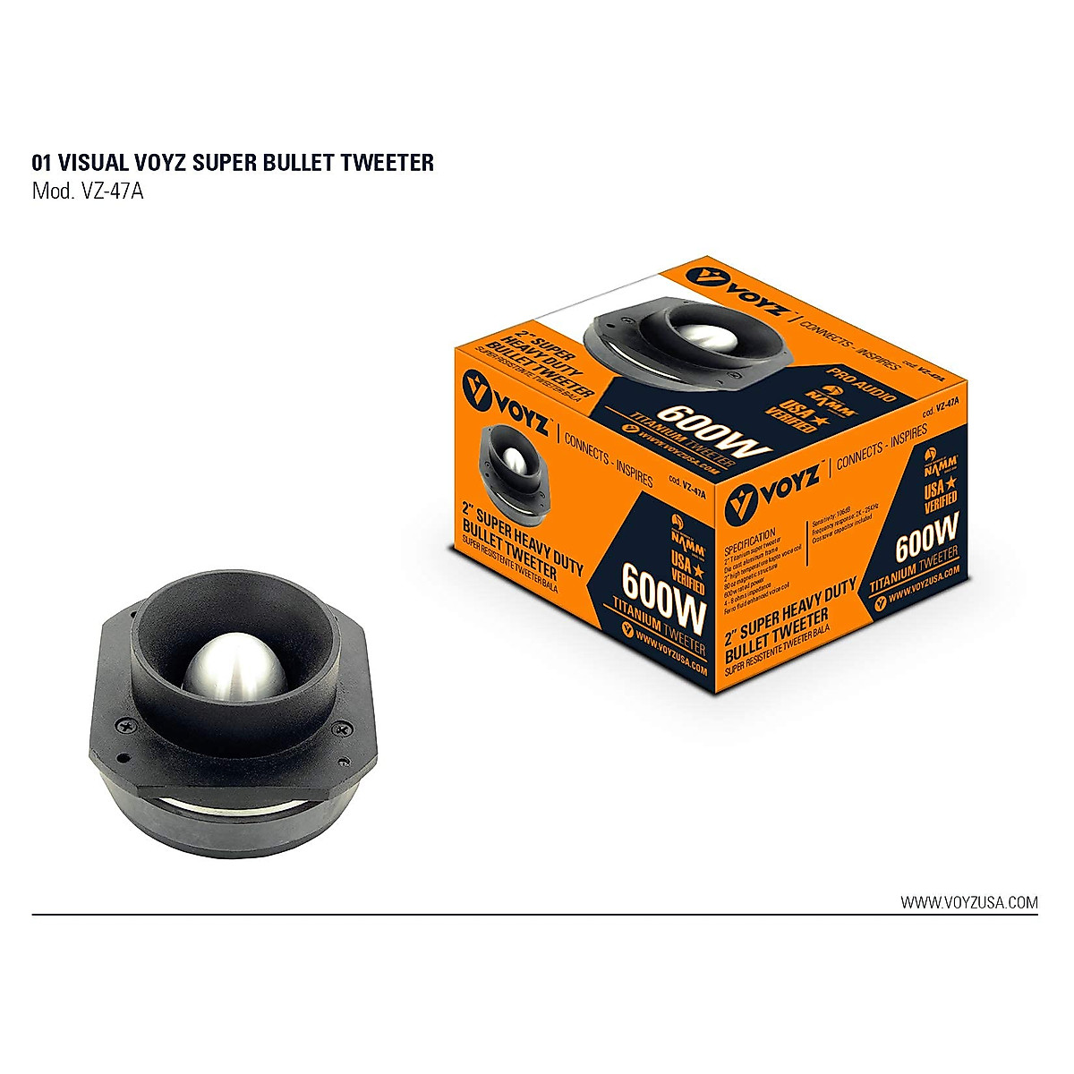 VOYZ 600 Watt Super Tweeter 2KHz - 25KHz - 5” Supper Bullet Tweeter - Heavy Duty Super Strong Ferrite Magnet Tweeter with Titanium Diaphragm 4-8 ohms Includes Crossover Capacitor (VZ-47A)