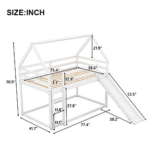 Jintop Twin Size Bunk House Bed with Slide and Ladder,Wooden Loft Bed Frmae,w/Pitched Roof & Safety Guardrails,Easy Assembly,for Kids Teens Girls Boys Bedroom,White