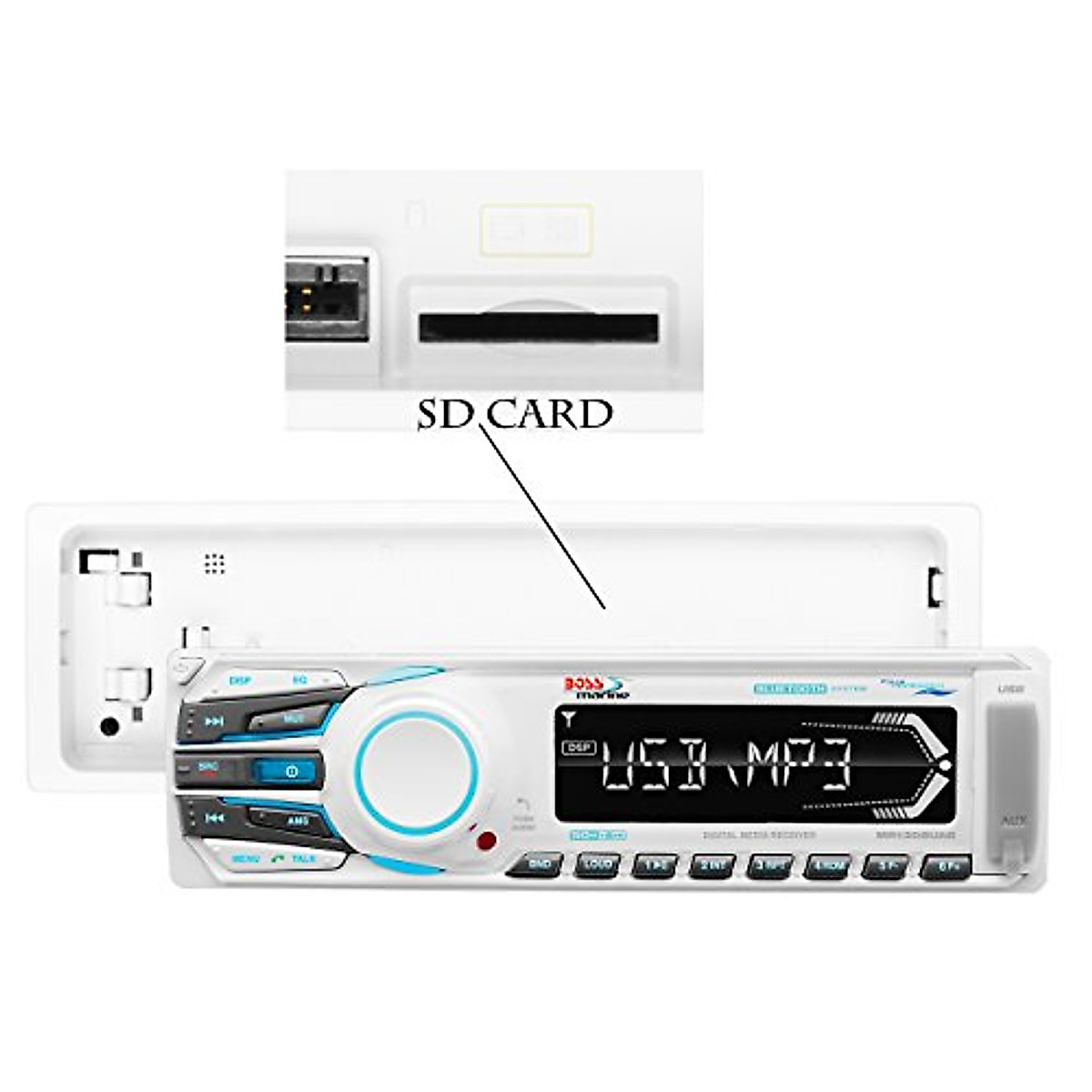 BOSS Audio Systems MR1308UAB Marine Receiver - Weatherproof, Bluetooth Audio, USB, SD, MP3, AM/FM, Aux-in, No CD Player, White, 8.50in. x 8.50in. x 4.00in.