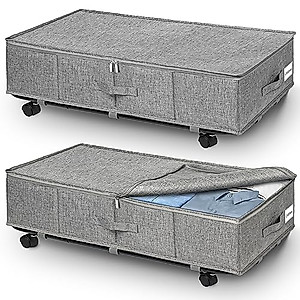 punemi Under Bed Storage With Wheels, 2 Pack Dust-Proof Underbed Storage Containers With Lid, Sturdy Clothes Storage Drawer Organizer Bin For Dorm Room Essentials, Blanket, Bedroom,Grey
