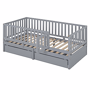 SOFTSEA Wood Daybed Twin Size with Fence Guardrail and Storage Drawers, Split Into Independent Floor Bed and Daybed for Boys Girls, Kids Platofrm Daybed Frame, Gray