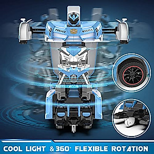 FDJ RC Cars - Transform Remote Control Car, 2.4Ghz 1:18 Scale Transforming Police Car Toy with Flashing Light, One Button Deformation 360 Degree Rotating Drifting Kids Toys Car for Boys Age 4-7 8-12