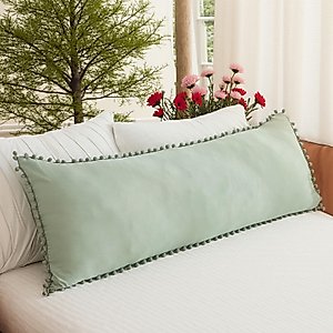 MOVE OVER Sage Green Body Pillow Cover 20x54 Inches Cute Pom Poms Decorated Body Pillow Cover Soft Washed Microfiber Boho Body Pillow Cover with Pocket Closure, Pack of 1