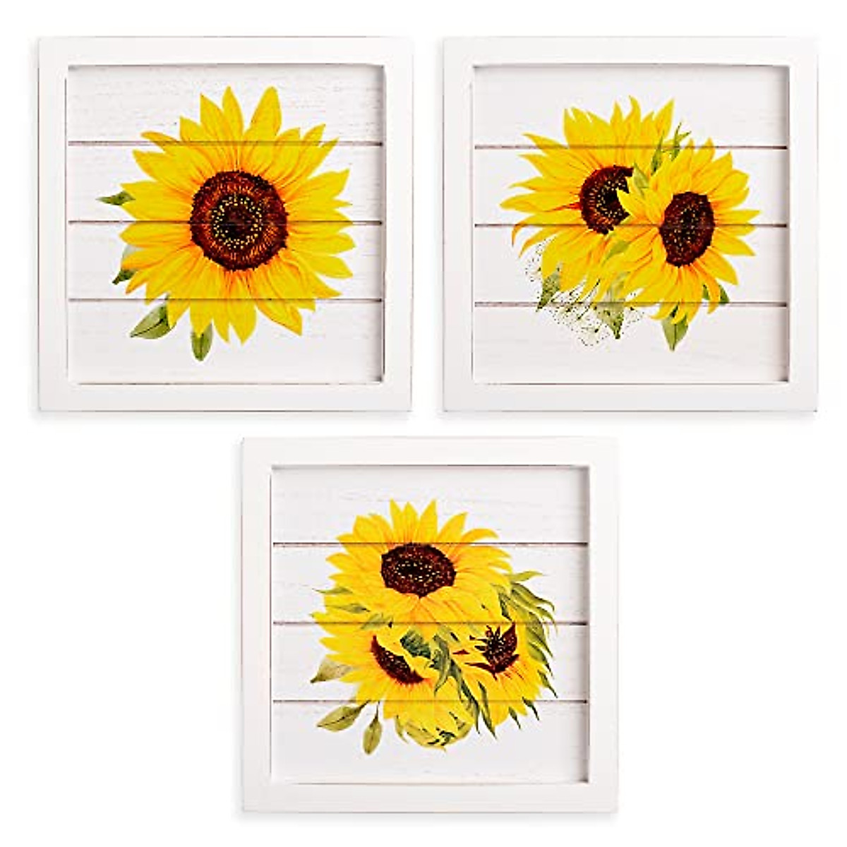 Sunflower Wall Decor Set of 3 - Rustic 8x8 Inch Printed Panels for Home, Bathroom, Kitchen, or Office - Sunflower Gifts for Women Wood Flower Pictures Design Theme Clearance Decorations Sun Flowers to Brighten Up Any Space