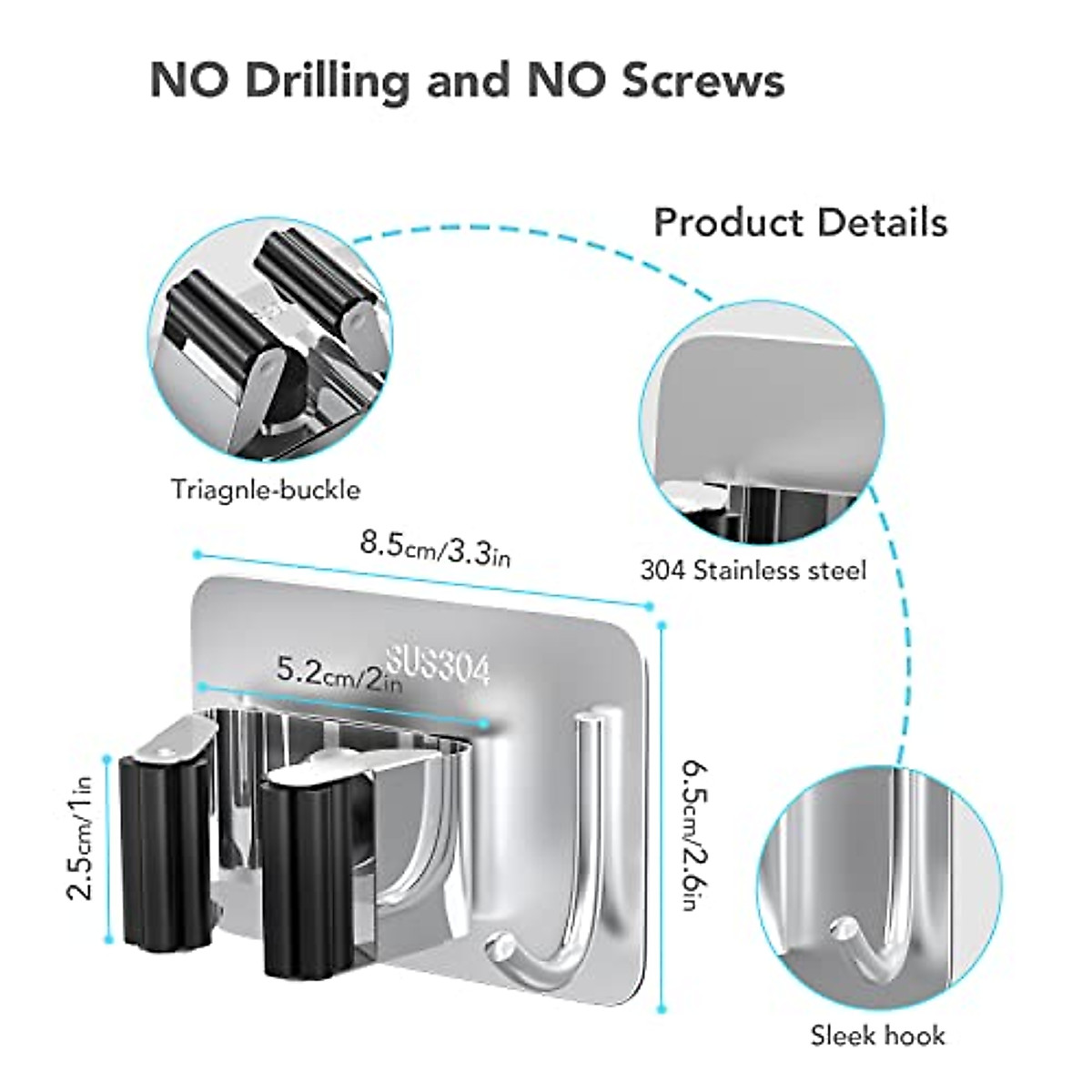 HOMEASY Mop Broom Holder No Drill SUS304 Stainless Steel, Mop Broom Organizer Wall Mounted Heavy Duty with Hooks Hanger, Self Adhesive Stainless Steel 4Pcs for Bathroom, Kitchen, Office