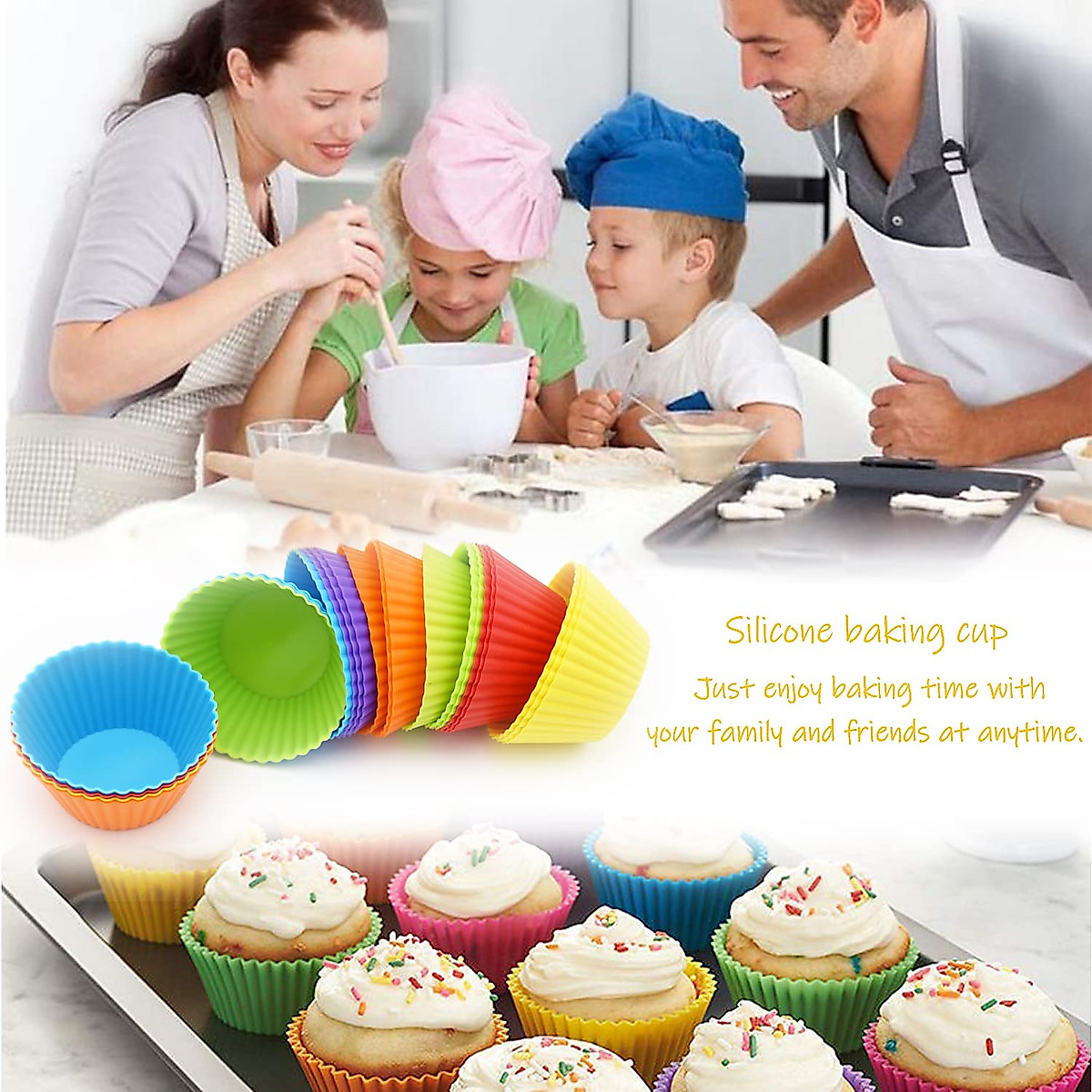 Silicone Cupcake Baking Cups 24 Pack, Reusable & Non-stick Muffin Cupcake Liners Holders Set for Party Halloween Christmas, Easy Clean Pastry Muffin Molds（Pack of 24,Multicolor）