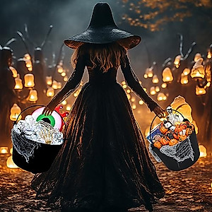 Roshtia Halloween Plastic Black Cauldron Pot with Handle Large Witch Cauldron Halloween Basket Candy Bowl Decoration Black Cauldron Trick or Treat Bucket Kettle for Party Favor(9 Inch, 4 Pcs)