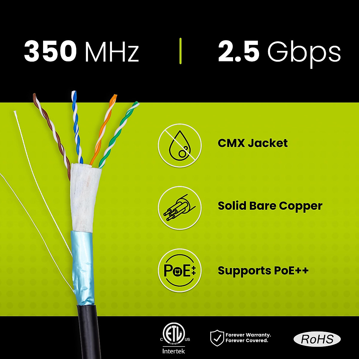 trueCABLE Cat5e Outdoor Shielded (F/UTP), 1000ft, Waterproof Direct Burial Rated CMX, Black 24AWG Solid Bare Copper, 350MHz, PoE++ (4PPoE), ETL Listed, Bulk Ethernet Cable