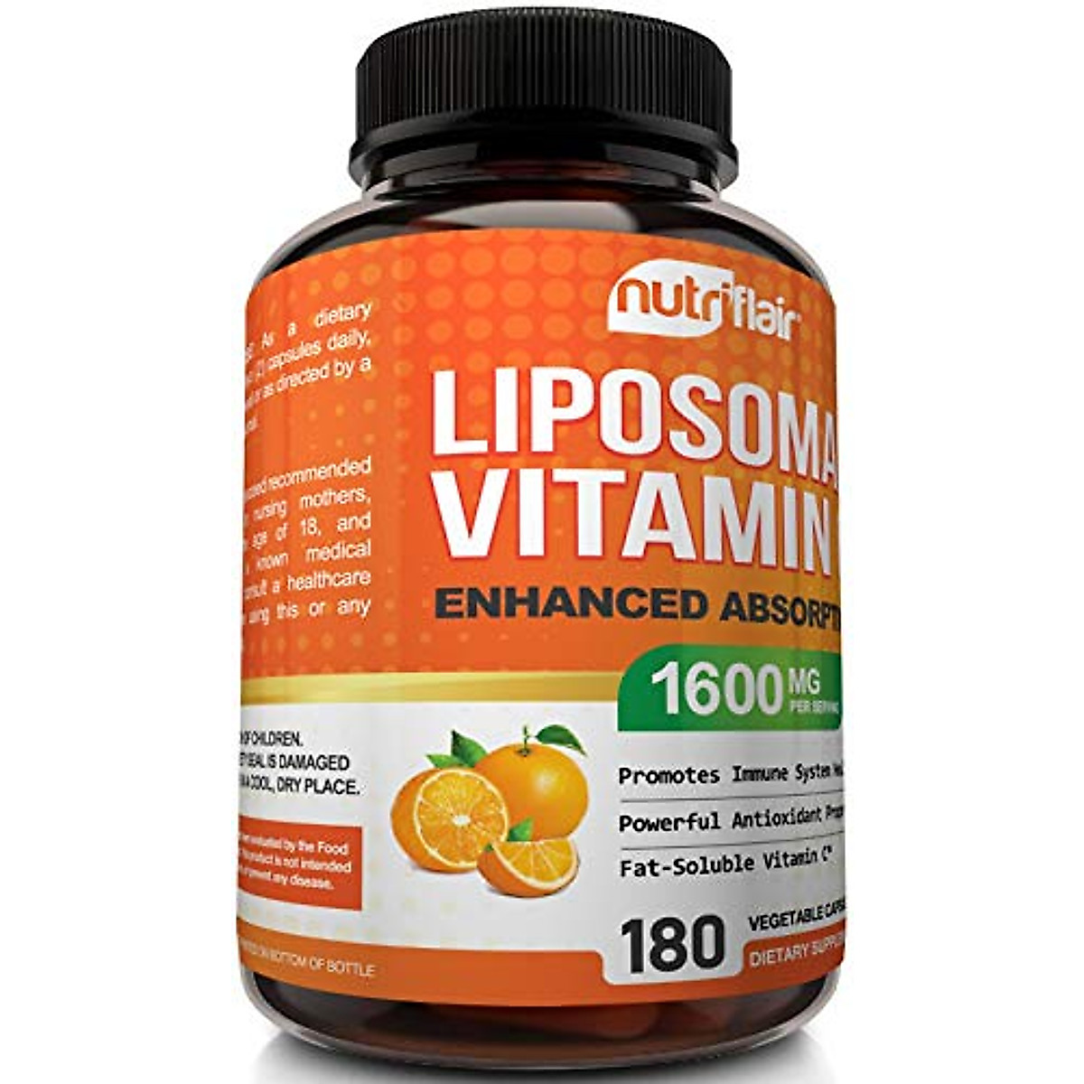 NutriFlair Liposomal Vitamin C 1600mg, 180 Capsules - High Absorption, Fat Soluble VIT C, Antioxidant Supplement, Higher Bioavailability Immune System Support & Collagen Booster, Non-GMO, Vegan Pills