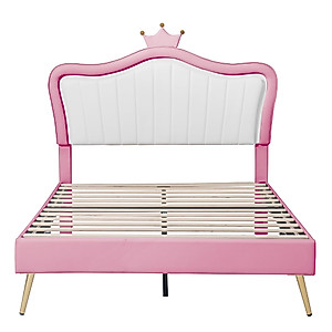 Harper & Bright Designs Full Size Princess Bed with Crown Headboard and LED Lights, PU Upholstered Full Platform Bed with Adjustable Headboard, Kids Full Size Bed Frame for Boys Girls (White+Pink)