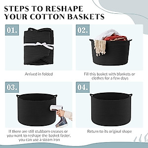 Blanket Basket Living Room, Cotton Rope Basket for Storage, Maliton Woven Extra Large Basket, 22" x 14" Nursery Laundry Basket with Handles, Toy Storage Basket Bin for Baby and Pet, Black