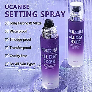 UCANBE Long Lasting Makeup Setting Spray Kit- 6.76 Fl oz Hydrating Matte Finish Mist Lightweight Face Make up Fixer +Travel Size Spray Bottle+Sponge Puff Makeup Set
