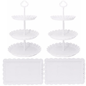 Set of 4 Dessert Stand Set, 3 Tiers White Plastic Cupcake Stand Holder & Rectangle Plastic Party Serving Trays/Platters for Wedding Birthday Baby Shower Tea Party Buffet