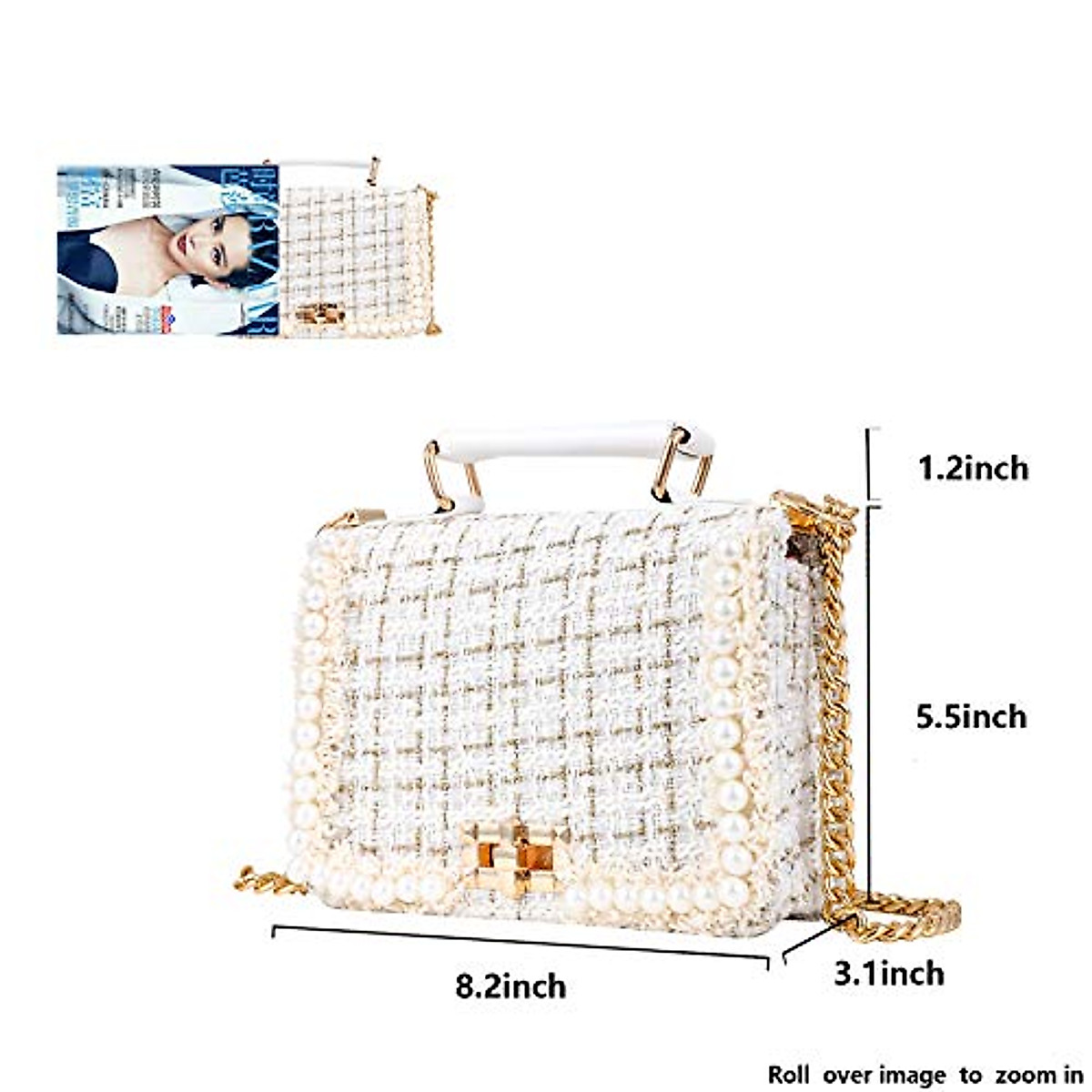 AyTotoro Women Tweed Pearl Purses and Handbags Ladies Fashion Top Handle Chain Quilted Satchel Shoulder Crossbody Tote Bag (White-1)