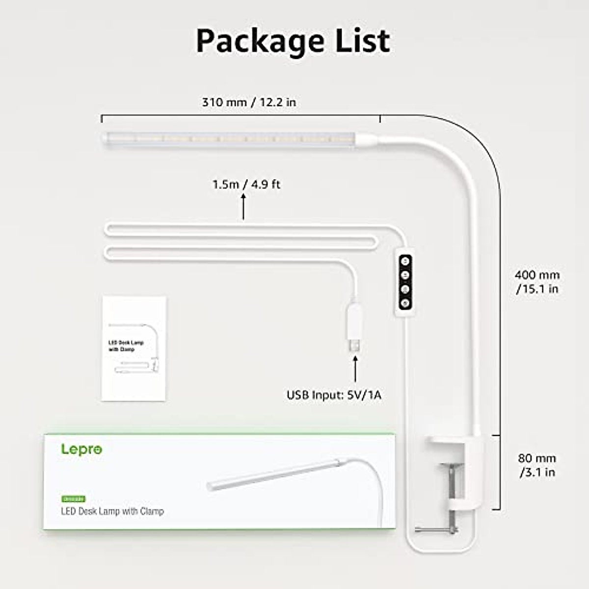Lepro Clip on Desk Lamp LED Reading light Dimmable USB Clamp Lamp with 3 Color Modes 10 Brightness, Adjustable Flexible Gooseneck Table Light for Bed Headboard, Workbench, Home Office, Computer, White