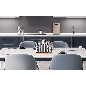 Bruntmor, 18/8 Stainless Steel Flatware Organizer Holder Caddy With Wood Base. Use for 12 knives, forks, spoons, coffee spoons and pastry forks, on a wooden stand made from rubberwood.