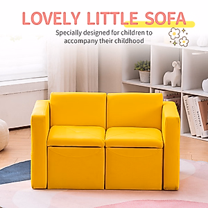 UNICOO –Kids Sofa, 2-in-1 Double Set Sofa Convert to Table & 2 Chairs, Toddler Lounge with Leather Surface, Children Boys Girls Couch Armrest Chair with Storage Box (ZKL-111K-Yellow)