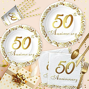 APOWBLS 50th Anniversary Decorations And Supplies Tableware - Golden 50th Wedding Anniversary Decorations, Plate, Cup, Napkin, Tablecloth, Cutlery, Straw, 50 Year Anniversary Party Supplies | Serve 24