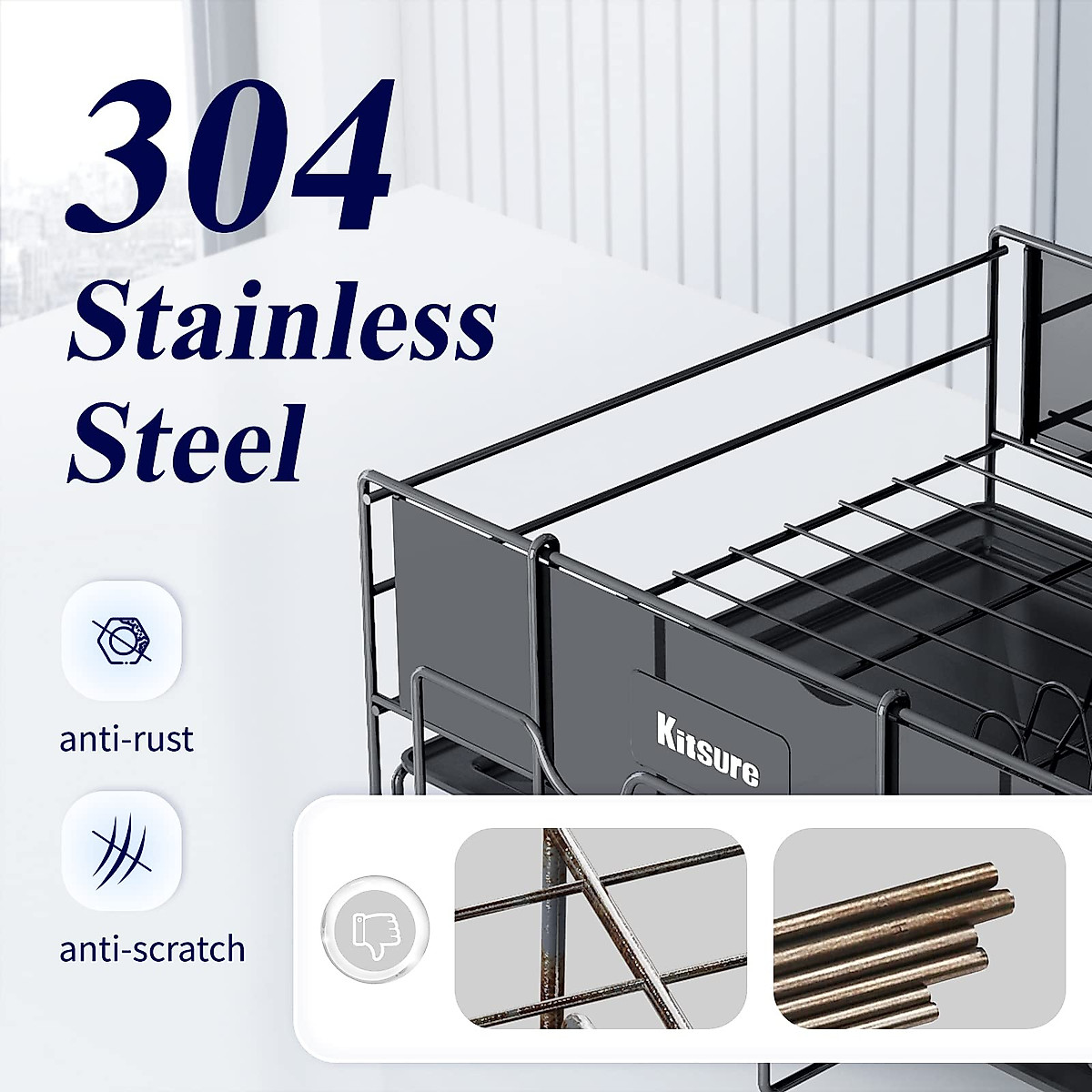 Kitsure Dish Drying Rack Large - Stainless Steel Dish Rack for Kitchen Counter, Dish Drainer with Drainboard Connected to The Sink, Dish Holder for Cups, Cutlery & Cutting Board, Black, Single-tiers