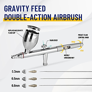 Fengda Airbrush FE-183K Precision Dual Action Airbrush Set for Gravity Feed with 3 Cup Sizes and 3 Nozzles (0.3, 0.5 and 0.8mm)