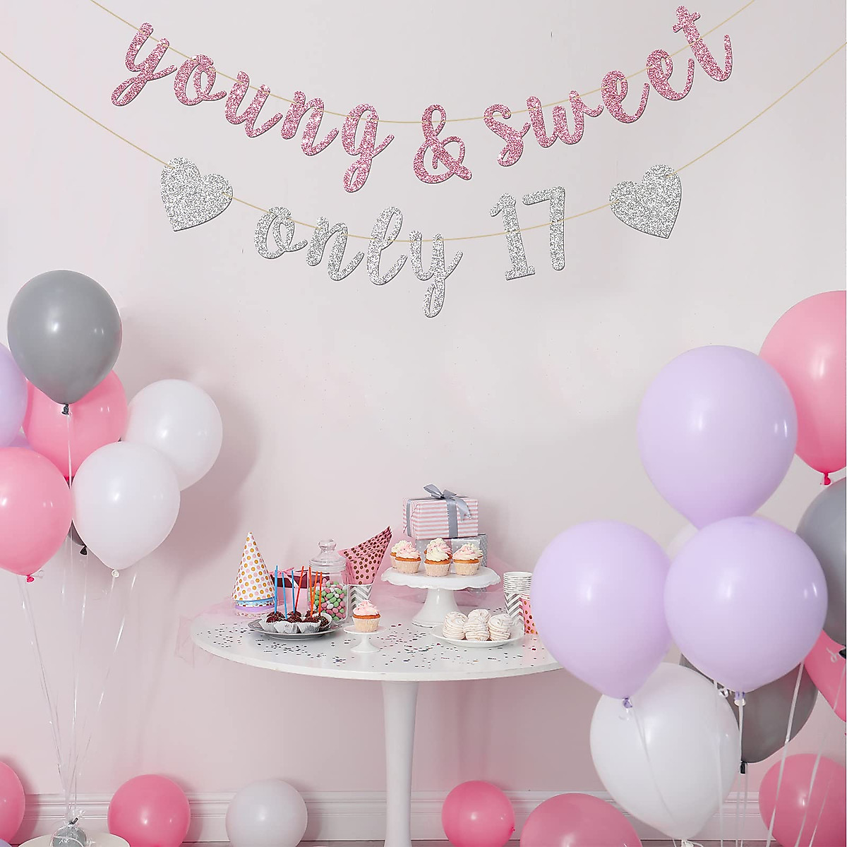 INNORU Young & Sweet Only 17 Banner - Happy 17th Birthday Party Decor for Girls - Cheers to 17 Years Party Decorations Supplies, Pink & Silver Glitter