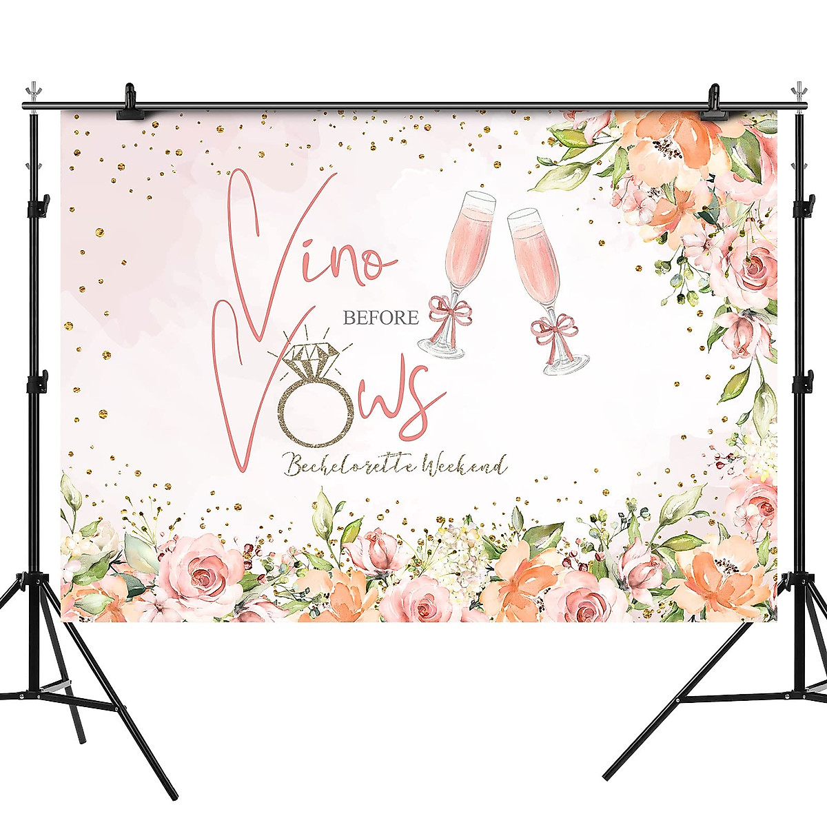 Rsuuinu Vino Before Vows Bachelorette Weekend Backdrop for Parties Glitter Dots Flowers Ring Champagne Bride to Be Photography Background Bach Party Wedding Decorations Banner Photo Booth Props 7x5ft