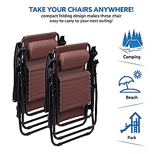 Zero Gravity Chairs Set of 2 Pool Lounge Chair Zero Gravity Recliner Zero Gravity Lounge Chair Antigravity Chairs Anti Gravity Chair Folding Reclining Camping Chair with Headrest by Naomi Home - Brown