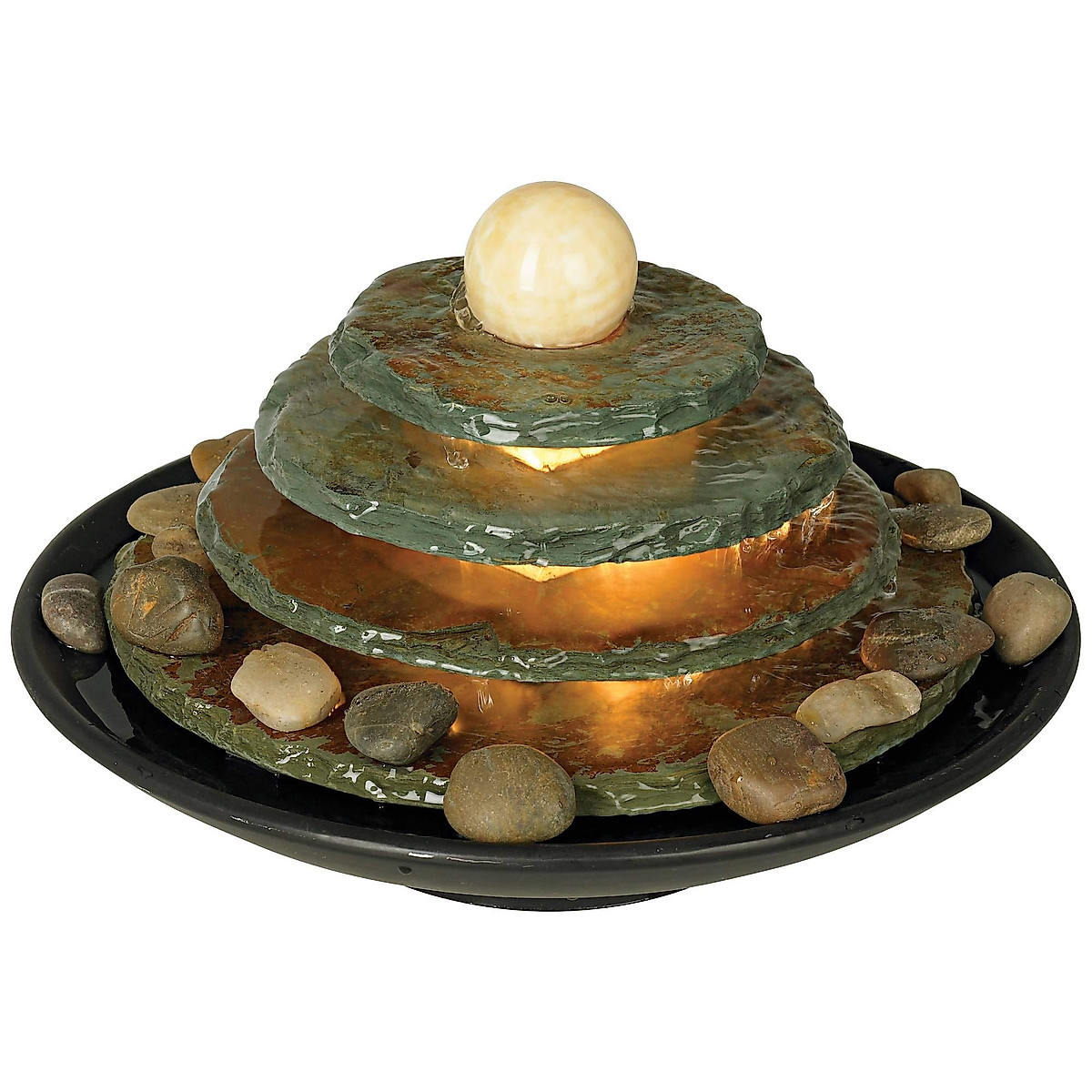 Pyramid Modern Zen Indoor Tabletop Water Fountain with Light 10" High 4 Tiered Feng Shui Ball River Rocks for Table Desk-Top Home Office Bedroom House Living Room Relaxation - John Timberland