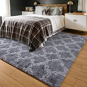 HOMORE 8x10 Large Area Rug for Living Room, Grey and White Bedroom Rug, Modern Big Fluffy Rugs Soft Furry Shaggy Faux Fur Rug for Farmhouse Decor, Aesthetic Rugs for Kids Home Indoor Floor