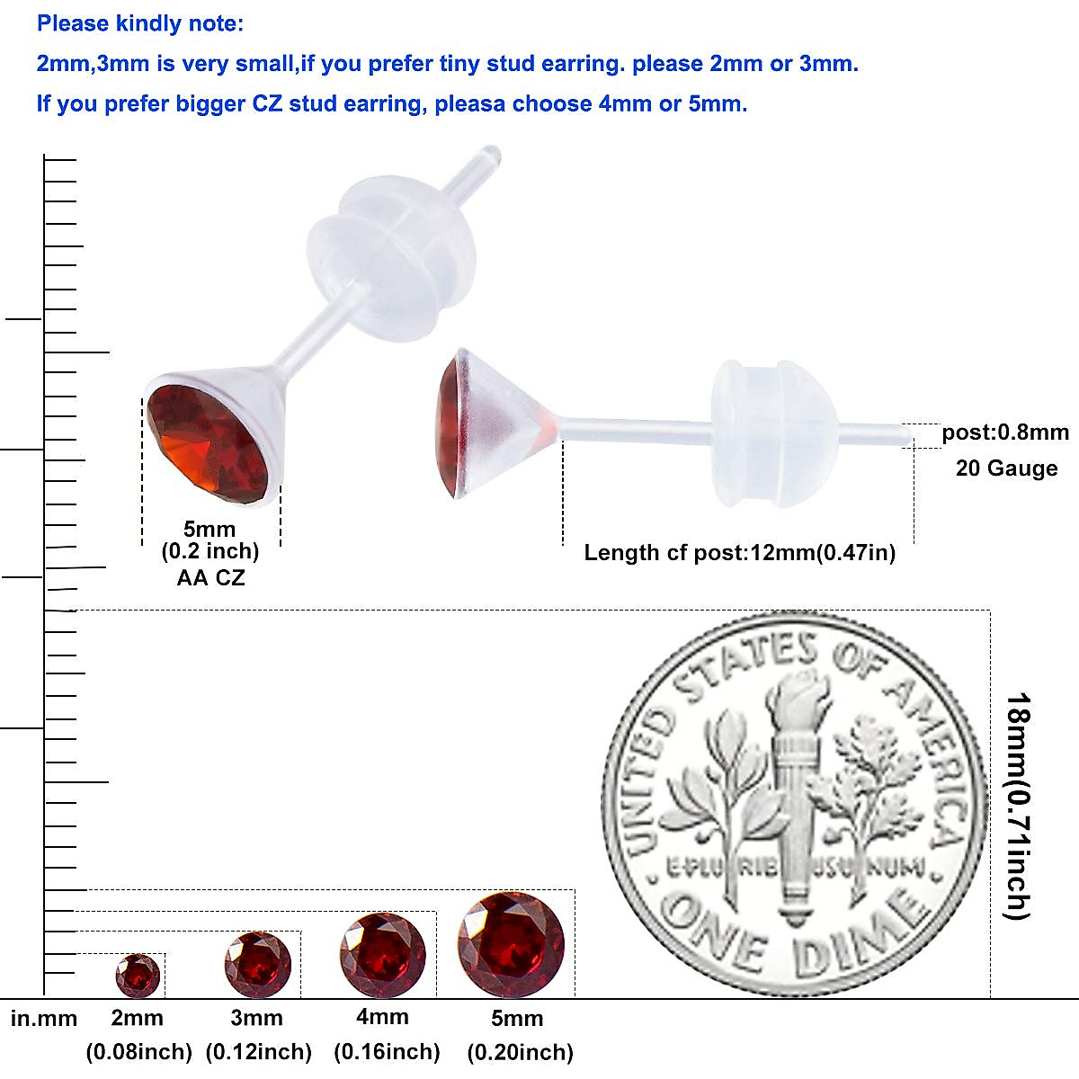 12 Pairs Plastic Earrings for Sensitive Ears, Plastic Post Earrings for Women, Birthstone Cubic Zirconia Stud Earrings Set 4mm