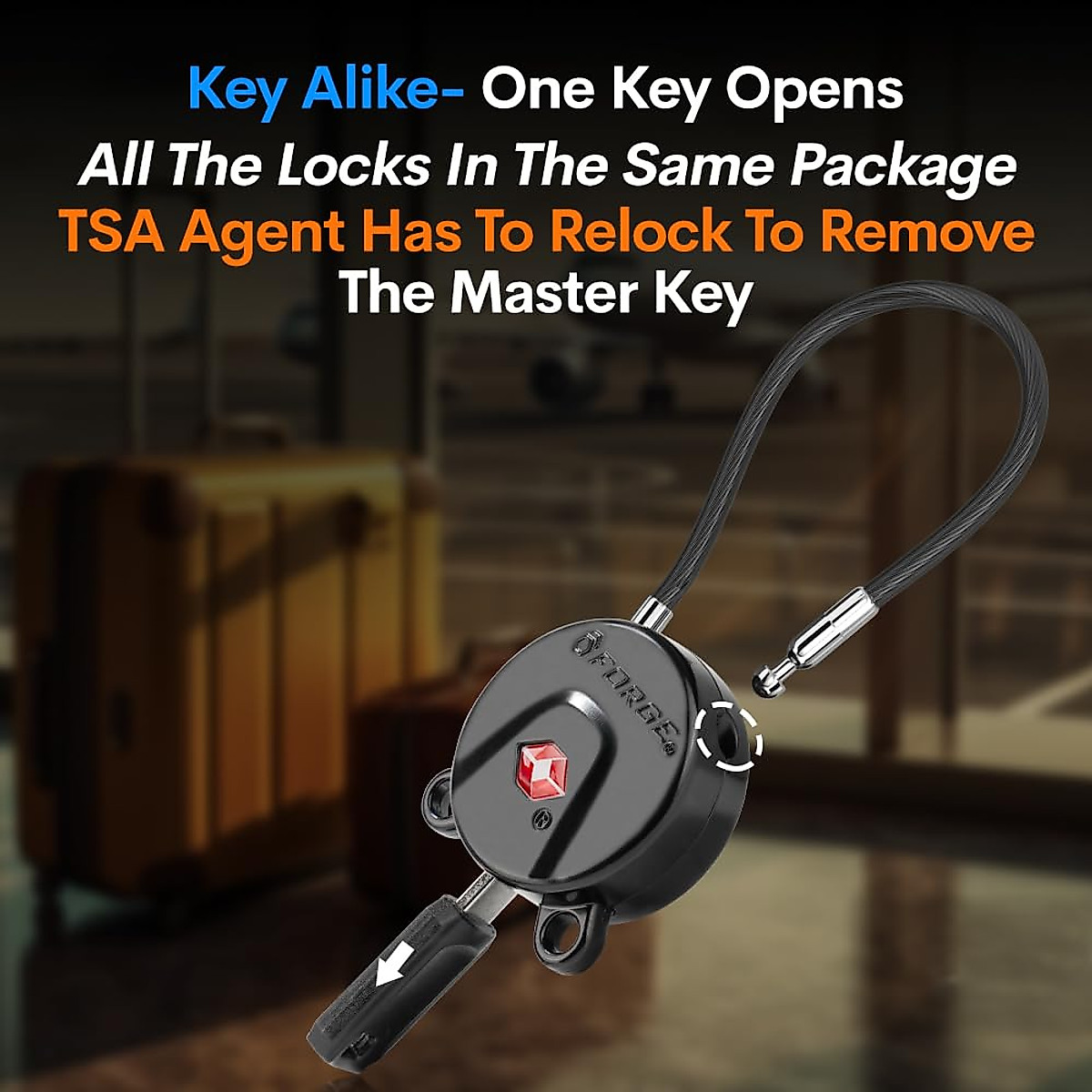 Forge TSA Approved Luggage Locks Ultra-Secure Dimple TSA006 Key Travel Locks with Zinc Alloy Body- Black 2 Cable Locks