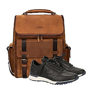 VELEZ 10.5 Mens Black Business Casual Sneakers + Top Grain Leather Backpack for Men Brown Designer Bookbag Business Casual Shoulder Bag