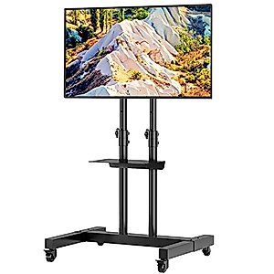 Mobile TV Stand on Wheels for 32-70 inch Flat Screen/Curved TVs, Television Stands with Wheels and Height Adjustable, Rolling TV Stand MAX VESA 600*400mm, TV Cart Rolling TV Stand with Shelf, Black