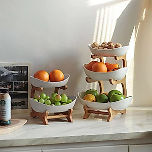 KOXAME 2 Tire Fruit Bowl, Large Fruit Basket for Kitchen Counter, Ceramic Berry Basket with Bamboo Stand, Use for Fruit and Vegetable Storage, Snacks Desserts Nuts Bread Candy Tray Holder, White