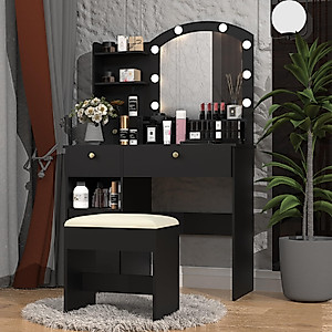 MISHAO Vanity Desk Set w/Mirror & Lights, Power Outlet, Makeup Vanity Table w/Stool, Storage Drawers & Open Shelves, 3 Color Modes & Adjustable Brightness Dressing Table for Bedroom, Black