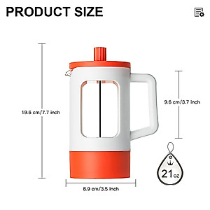 YOLIFE French Press Coffee Maker, 21 oz Small Coffee Tea Press with Heat-resistant Borosilicate Glass, 4-Level Filtration Systems, Portable Coffee Pot for Camping Travel Gifts, White and Orange