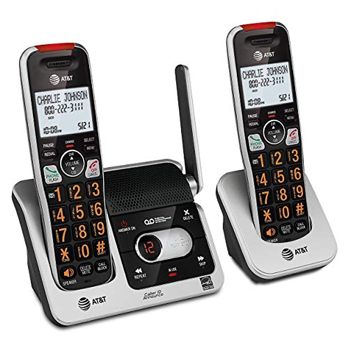 AT&T BL102-2 DECT 6.0 2-Handset Cordless Phone for Home with Answering Machine, Call Blocking, Caller ID Announcer, Audio Assist, Intercom, and Unsurpassed Range, Silver/Black